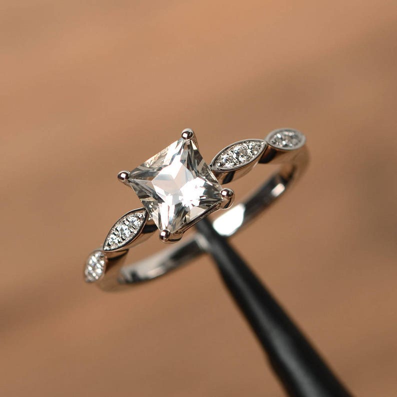 Natural white topaz rings anniversary rings princess cut rings | Etsy