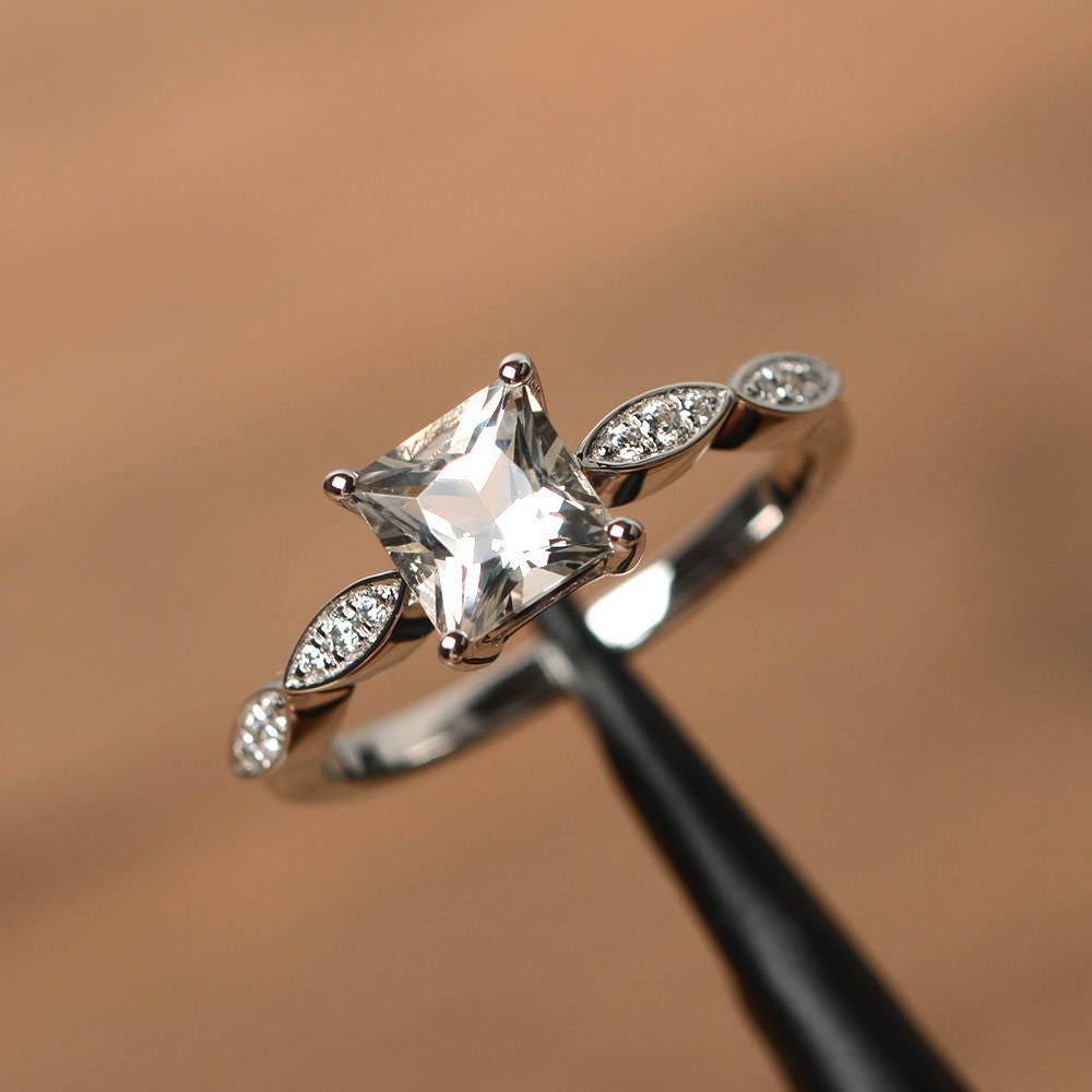 Natural white topaz rings anniversary rings princess cut rings | Etsy