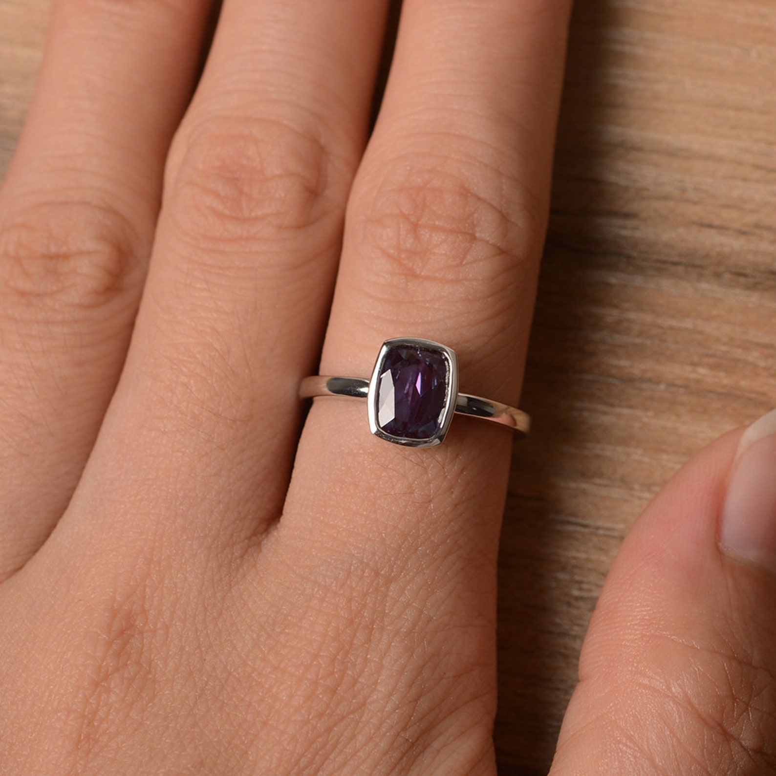 Bezel Setting Alexandrite Solitaire Ring Elongated Cushion Cut - Etsy