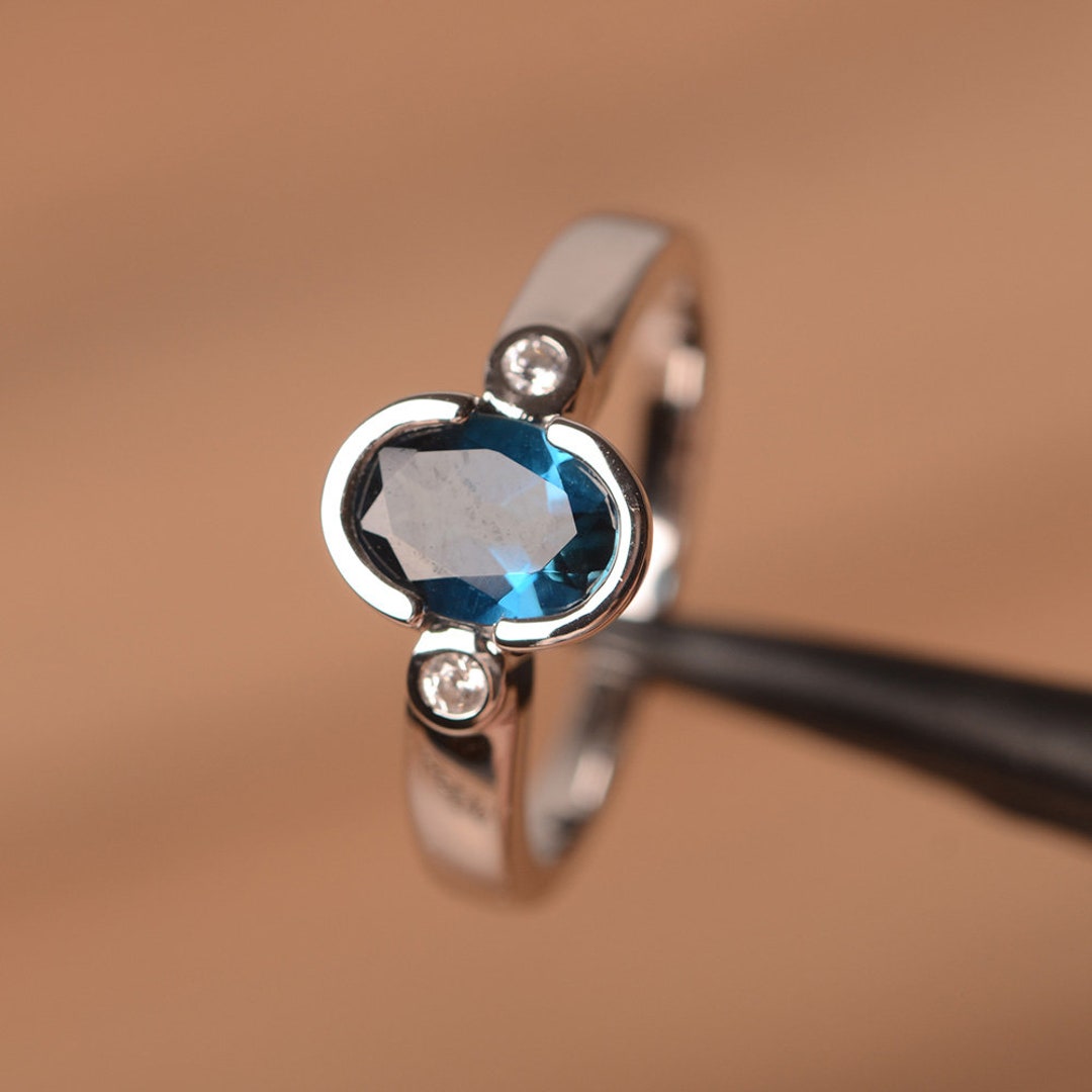 London Blue Topaz Ring Sterling Silver Engagement Ring Oval Cut Blue ...