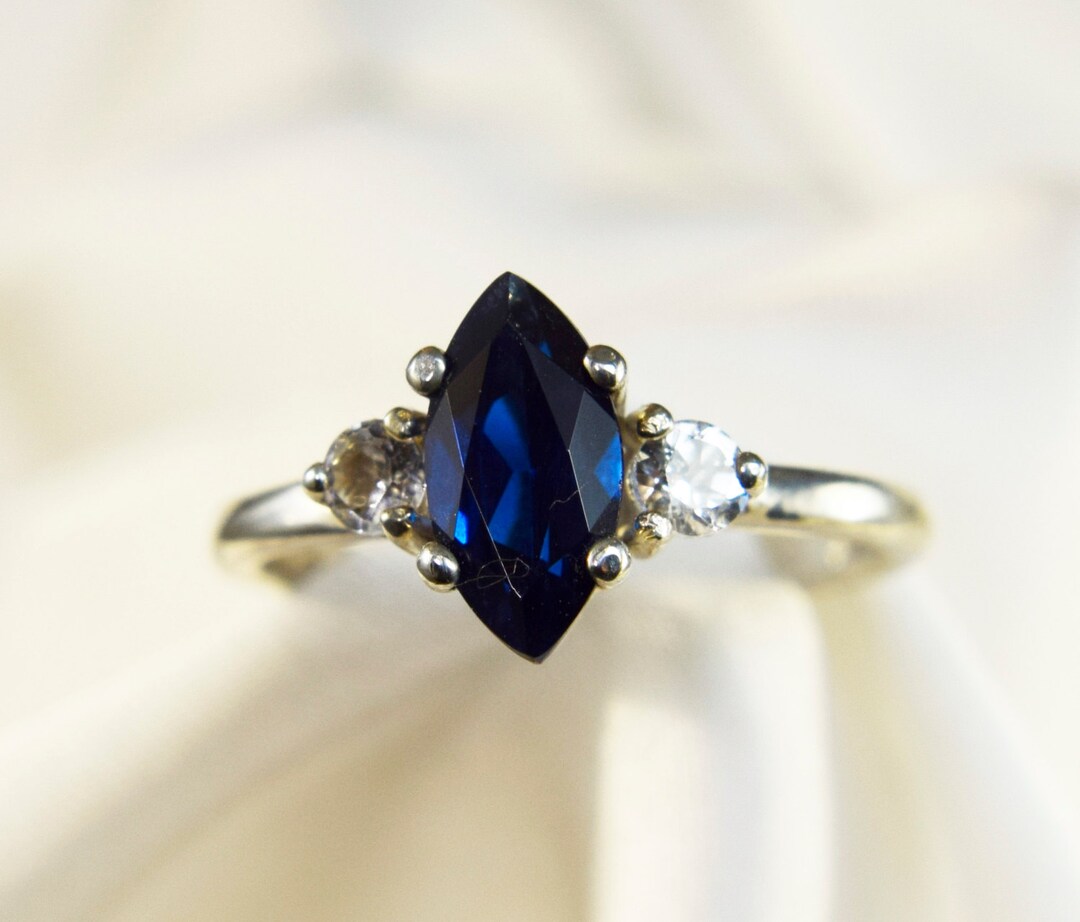 Blue Spinel Ring, 10x5mm Marquise With 3mm Round White Topaz Accents ...