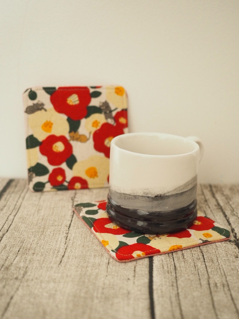 Japanese Cat Print Coaster: Handmade Cotton Linen Tea Pad - Etsy