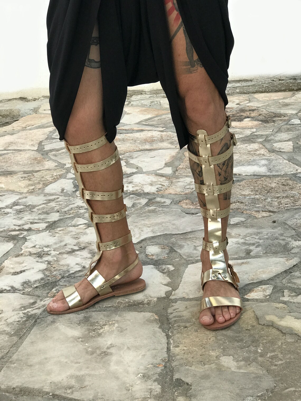 Gold Leather Gladiator Sandals, Knee Length, Costume Footwear Gold ...
