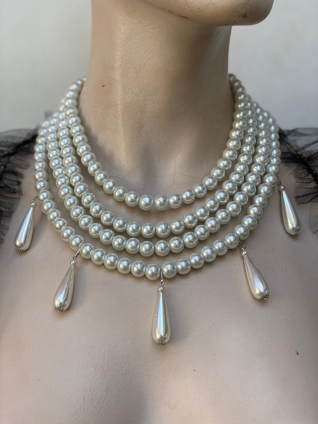 Multi Strand Pearl Necklace, Renaissance Pearl Necklace With Large ...