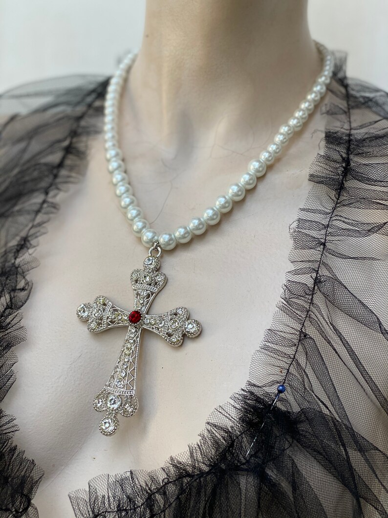 Filigree Cross Necklace: Baroque Pearl Chain, Swarovski Crystal - Etsy