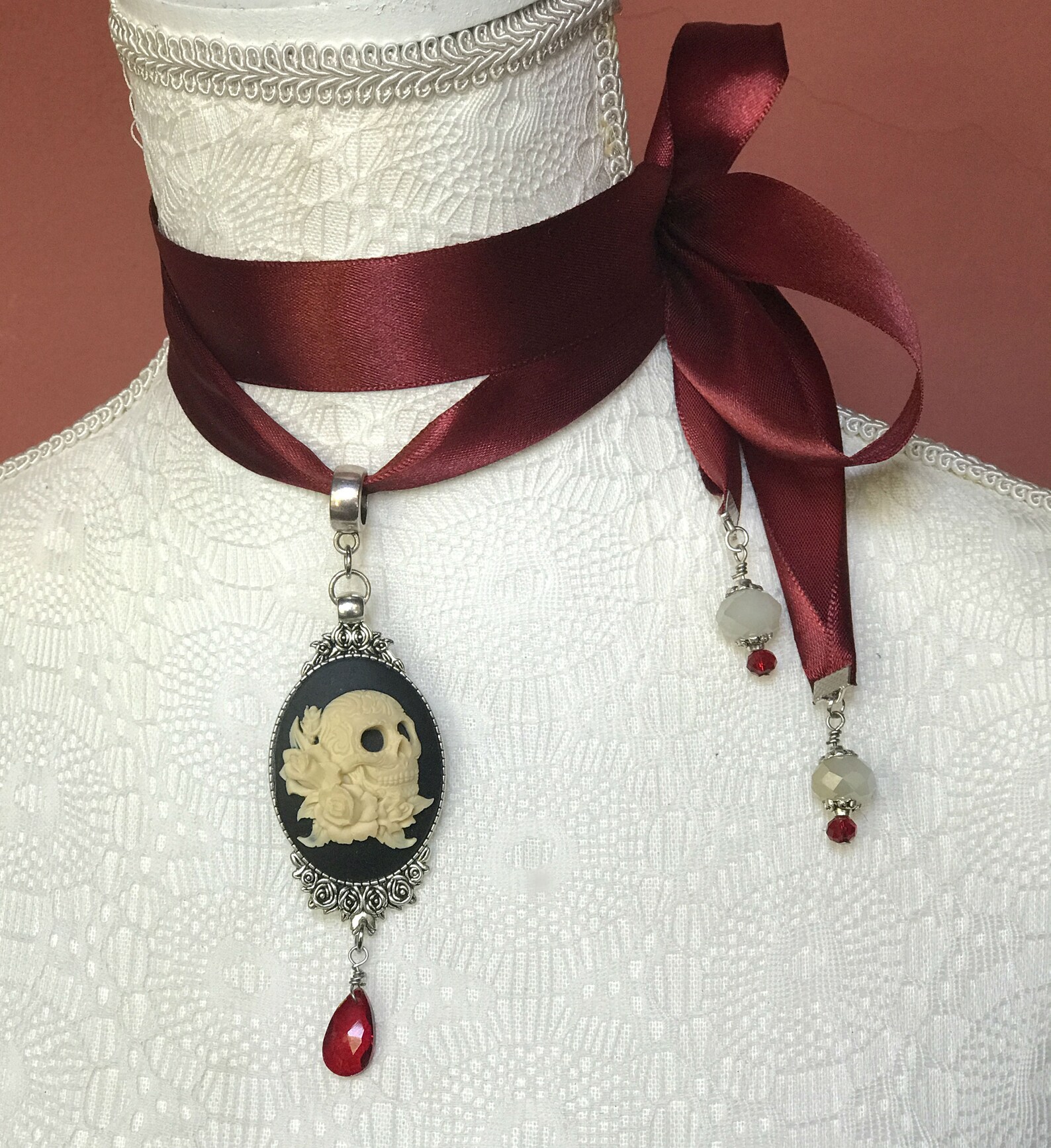 Cameo Necklace Cameo Choker Cameo Choker Necklace Skull Cameo Red Drop ...