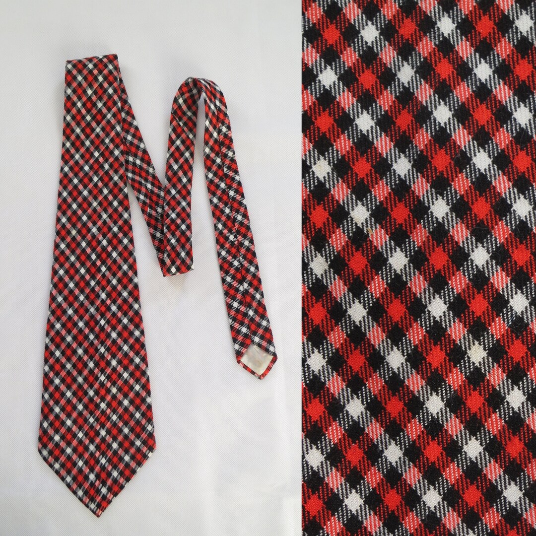 Mens Plaid Kipper Tie Cravat, Black White & Red Checked, Loud Patterned ...