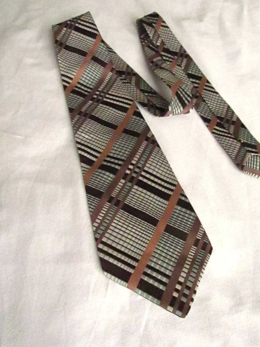 Vintage Tie, Plaid Wide Kipper Tie, Brown & Green Checked, French 60's ...