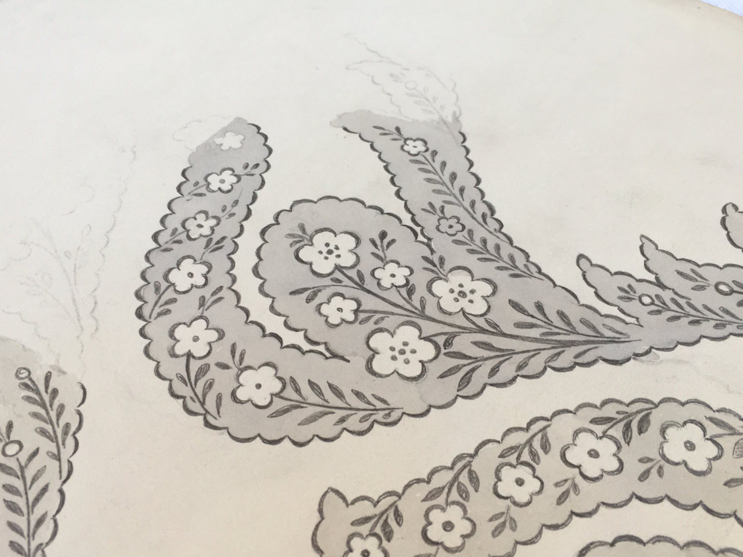 Antique French 1800s Hand Drawn Pencil Drawing Silk Fabric Draft ...