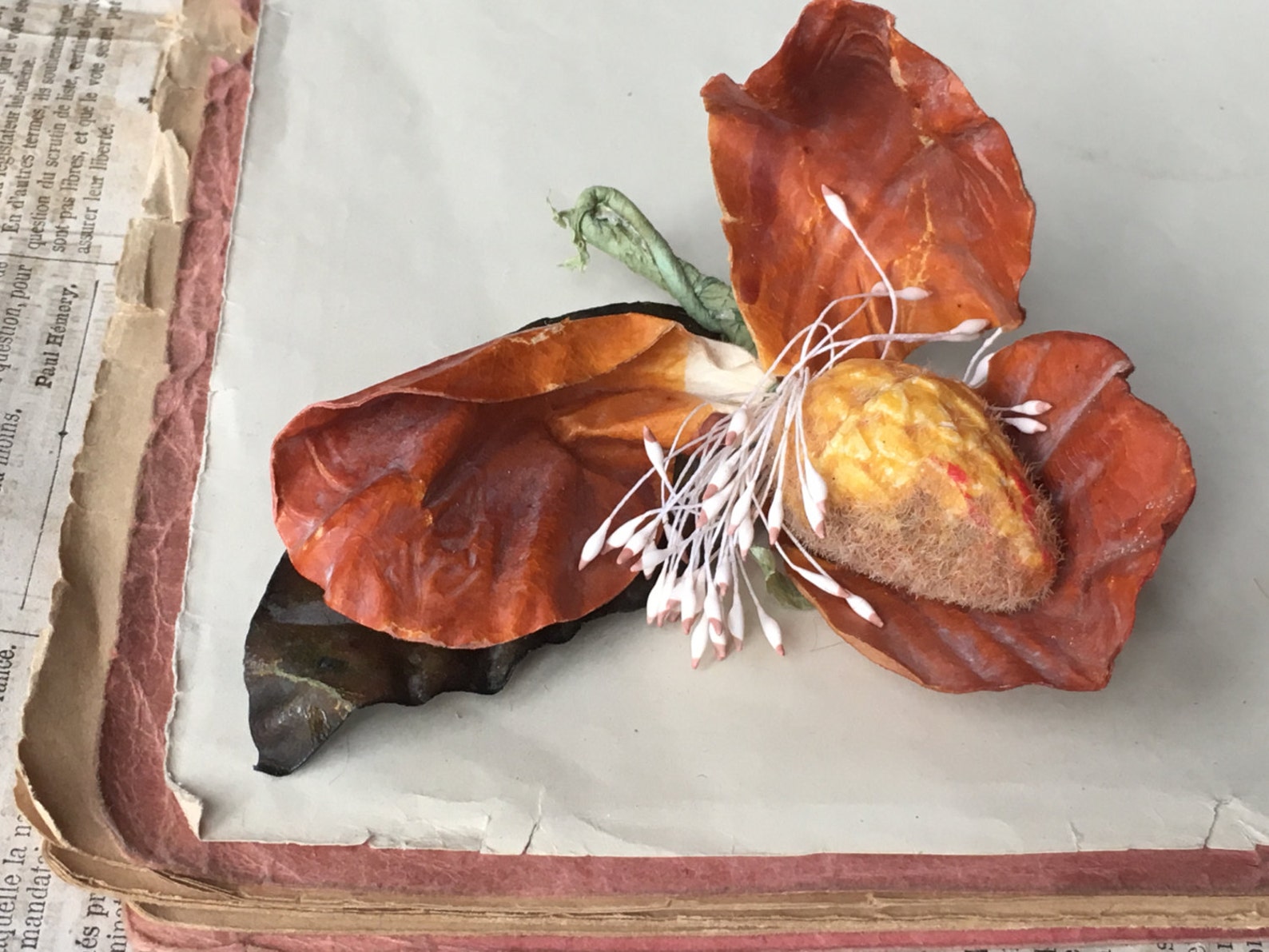 Antique 1940s Handmade Laquered Paper Millinery Flower Bouquet, Amber ...