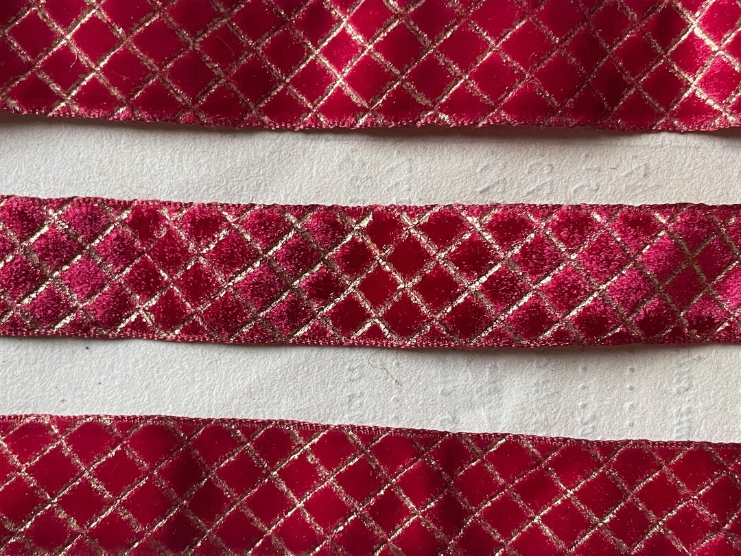 Antique 1800s French Silk Ribbon, Red Cut Velvet W/ Embossed Gold Leaf ...