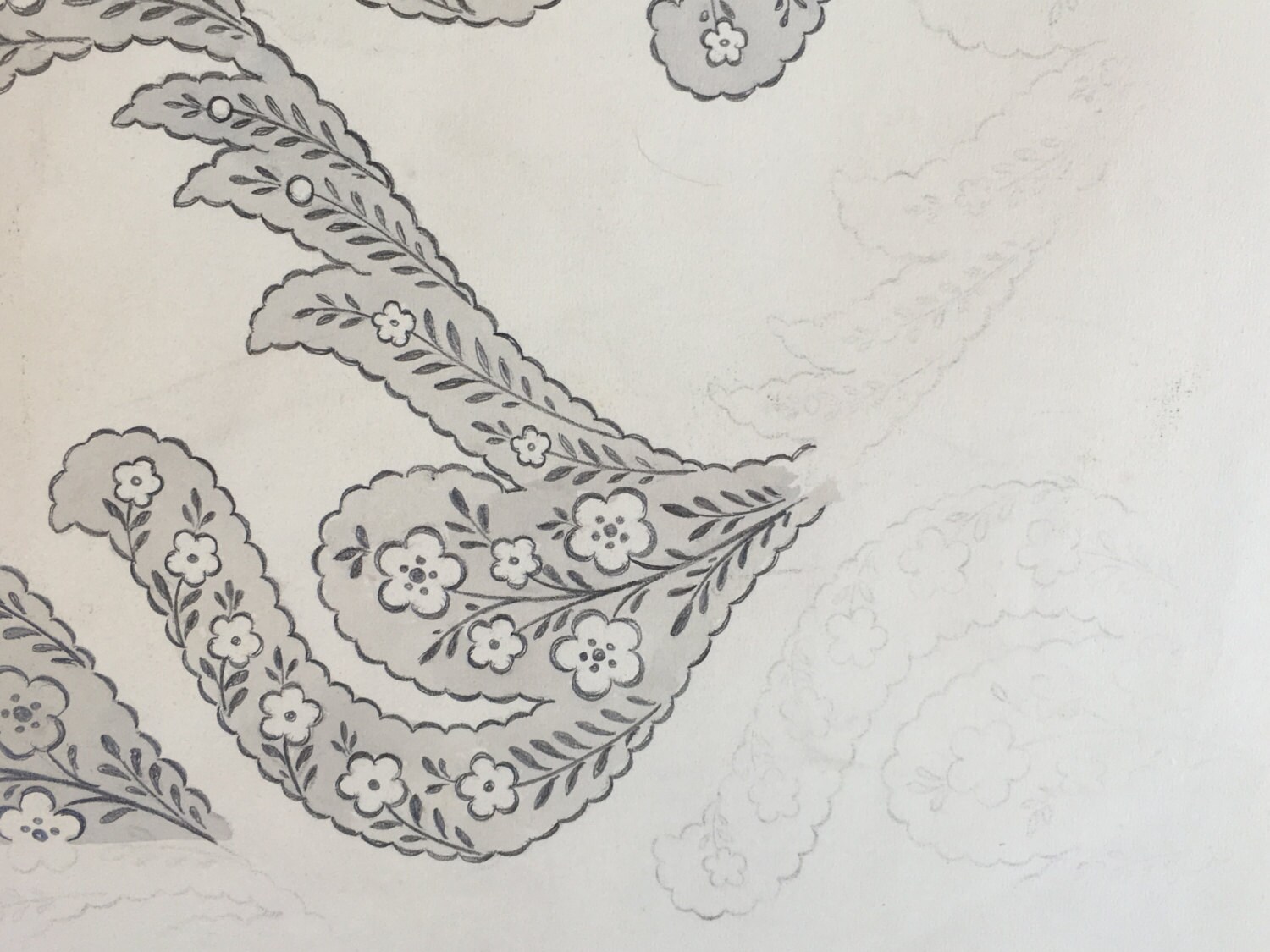 Antique French 1800s Hand Drawn Pencil Drawing Silk Fabric Draft ...