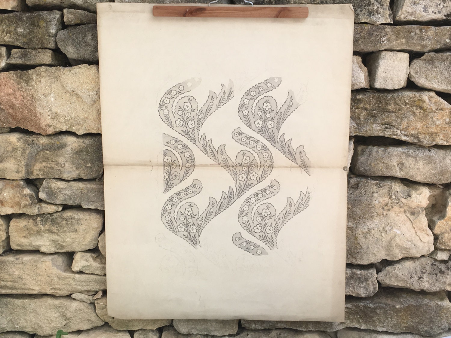 Antique French 1800s Hand Drawn Pencil Drawing Silk Fabric Draft ...