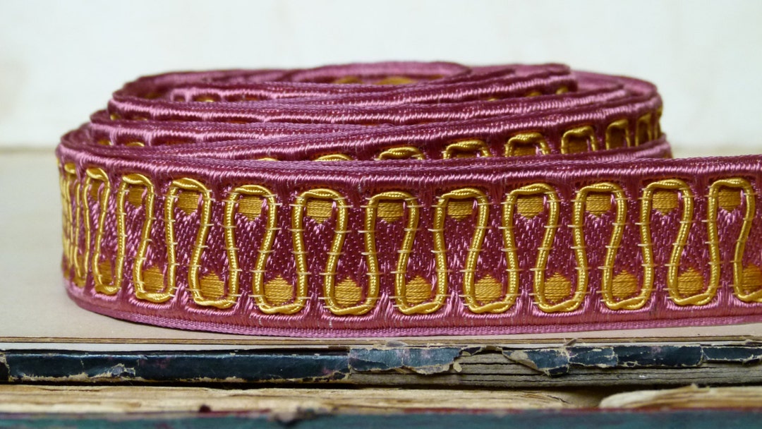French Vintage Jacquard Soutache Ribbon Trim, Pink Gold, Yellow Raised ...