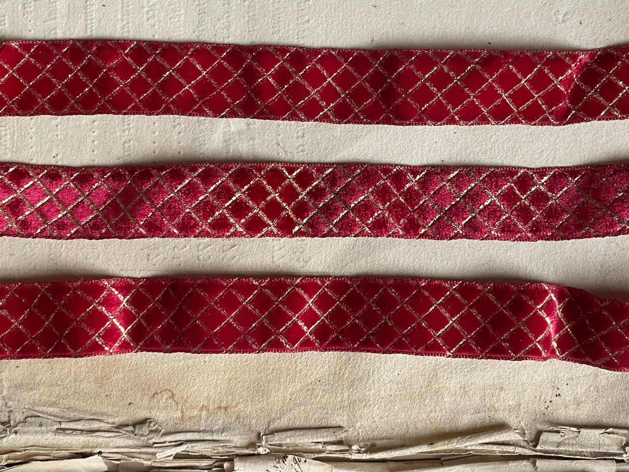 Antique 1800s French Silk Ribbon, Red Cut Velvet W/ Embossed Gold Leaf ...