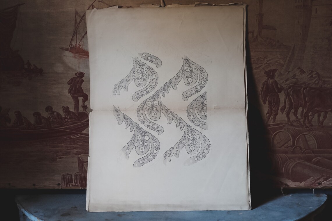 Antique French 1800s Hand Drawn Pencil Drawing Silk Fabric Draft ...