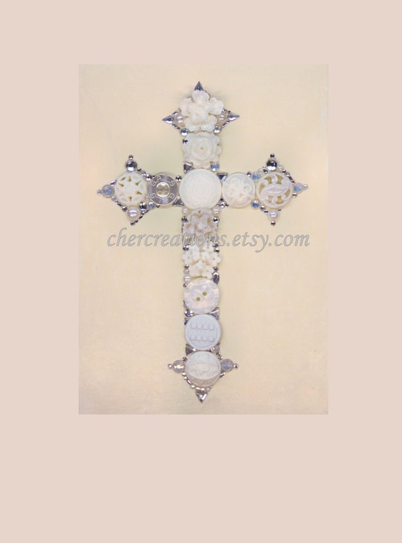 Items similar to WHITE CROSS 5X7 Button Art Button Artwork, ooak, diy ...