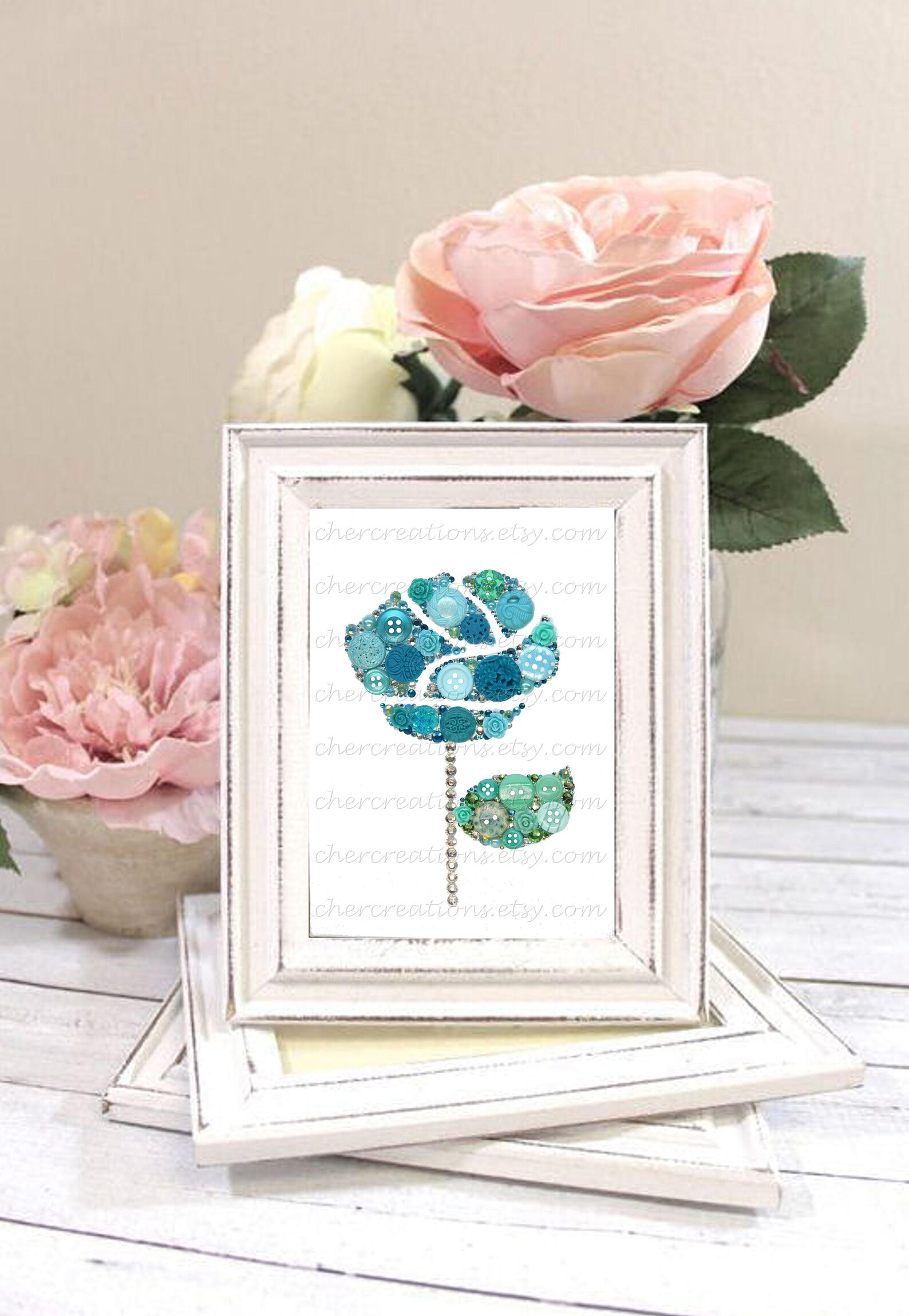 ROSE on STEM 3 COLORS 5x7 Button Artwork Button Art Rose | Etsy