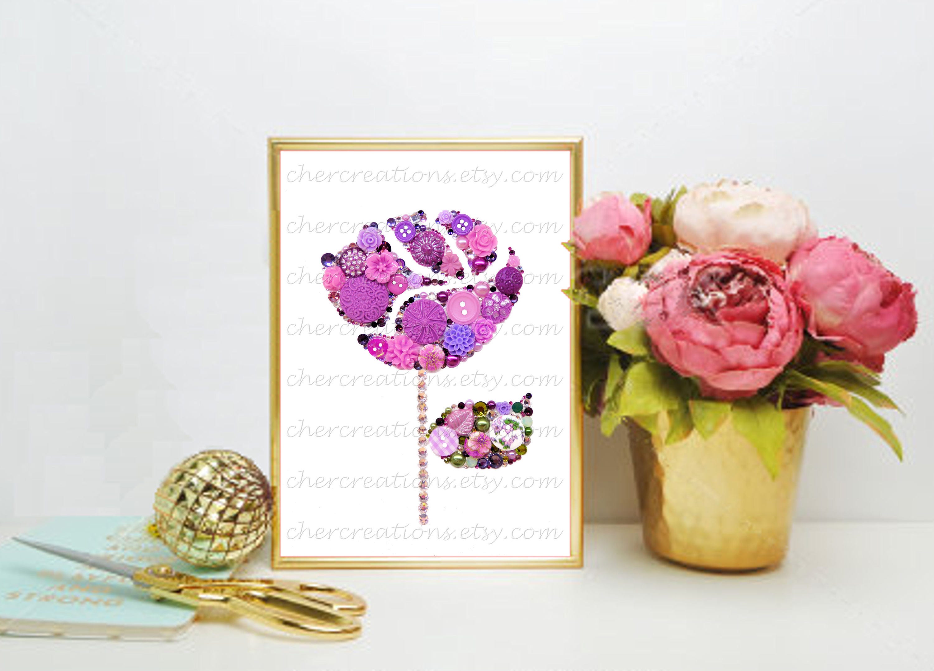 ROSE on STEM 3 COLORS 5x7 Button Artwork Button Art Rose | Etsy