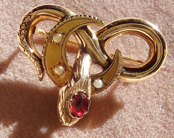 Antique French Snake and Crescent Moon Brooch, 18K Celestial Jewellery ...