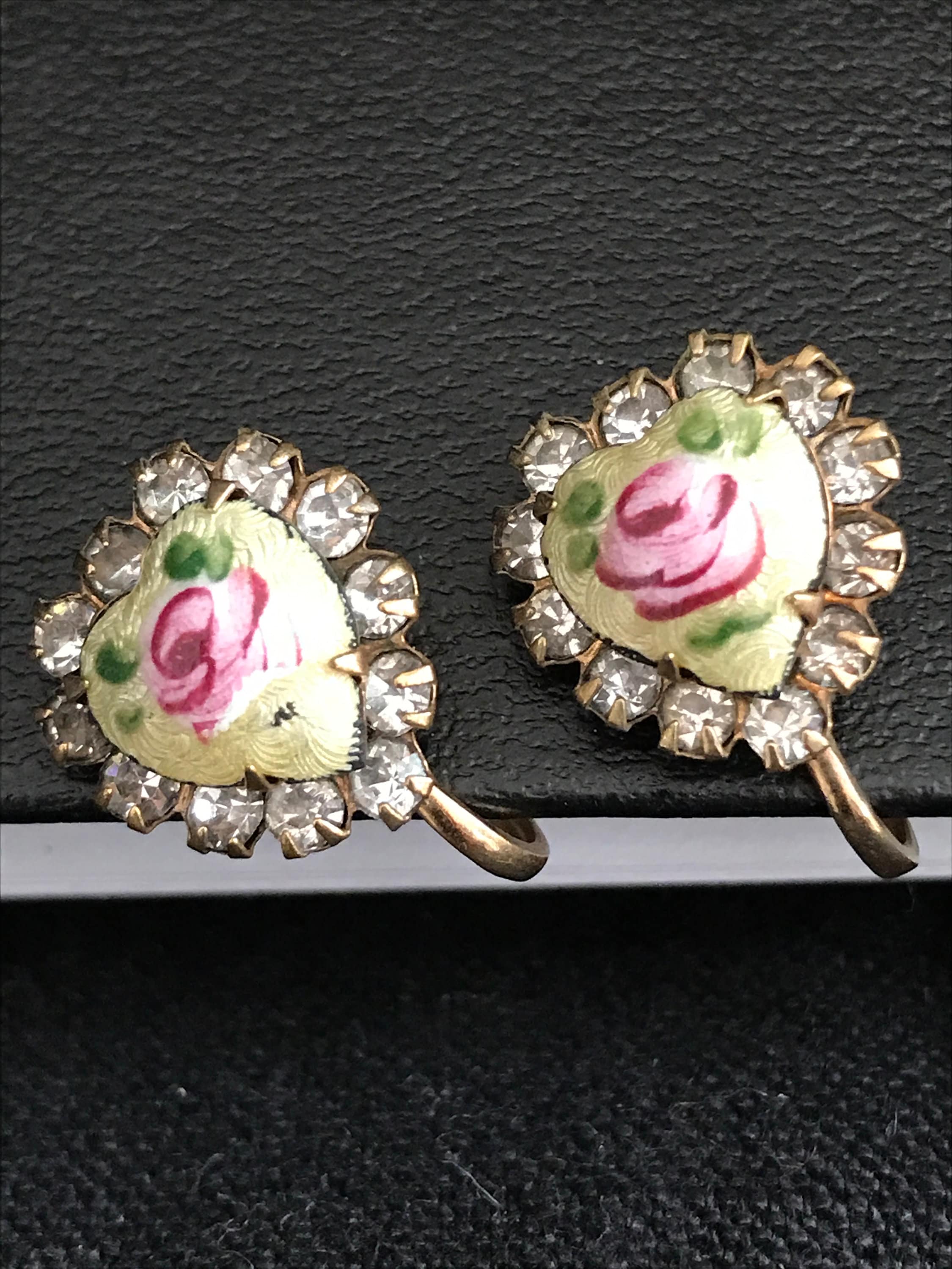 Vintage Rose Enamel Guilloche Heart Shaped Earrings