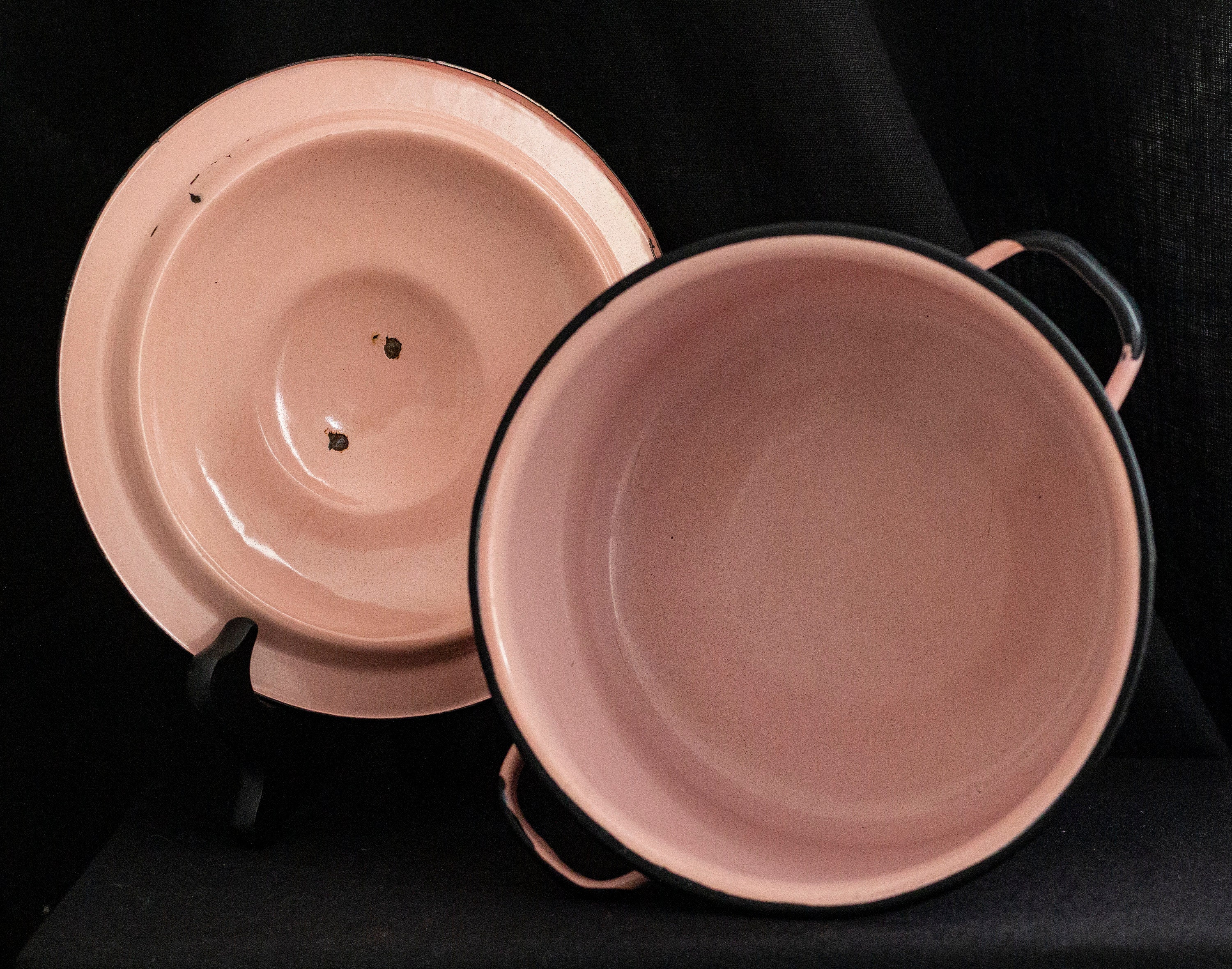 Vintage 1950's Baby Pink Black Enamelware Cooking Pot and Lid Pan