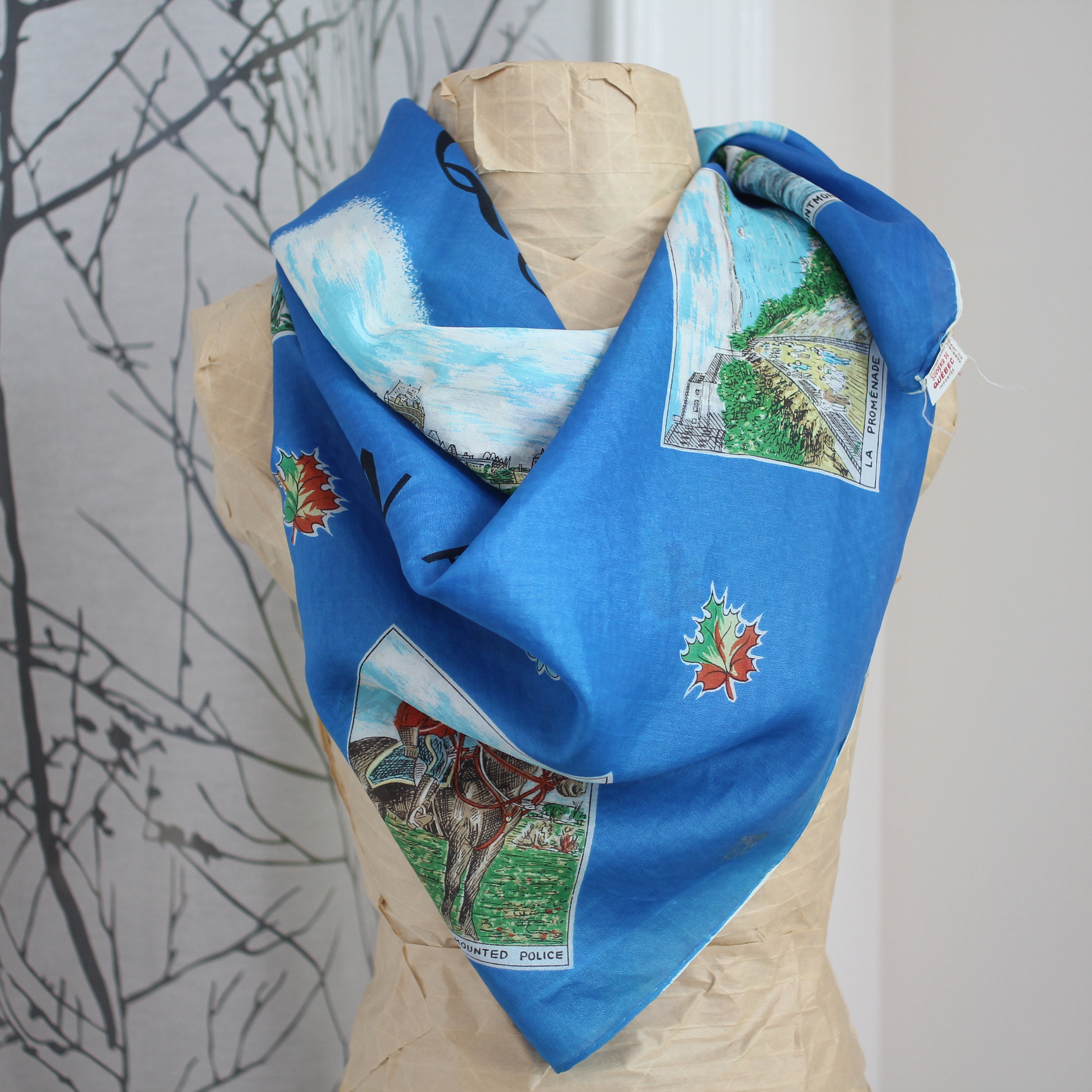 Hand printed Sapphire Blue Silk Quebec Souvenir Scarf