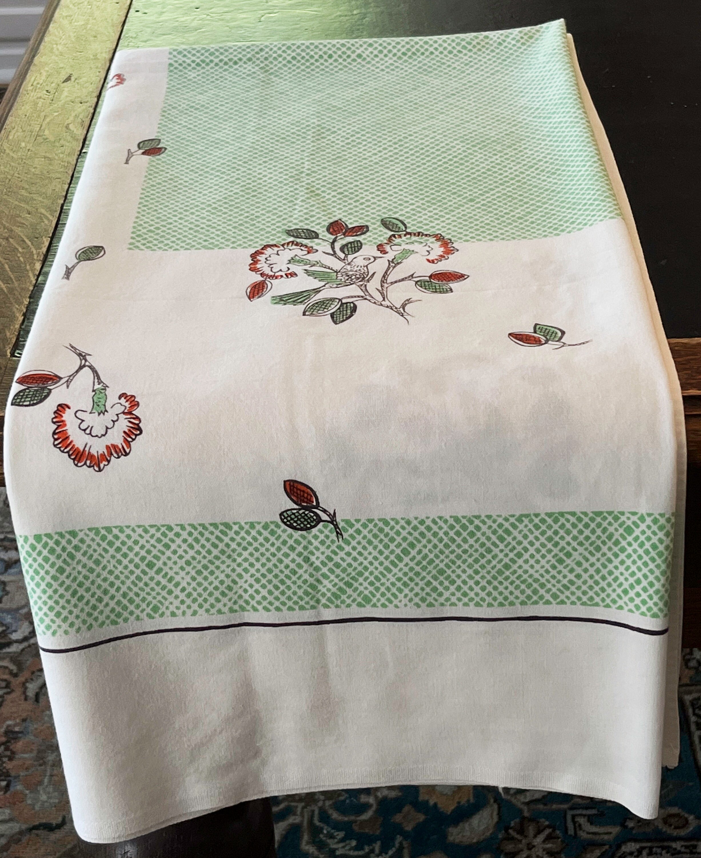Vintage Block Print | Bird Flowering Branch | Tablecloth | Green Orange ...