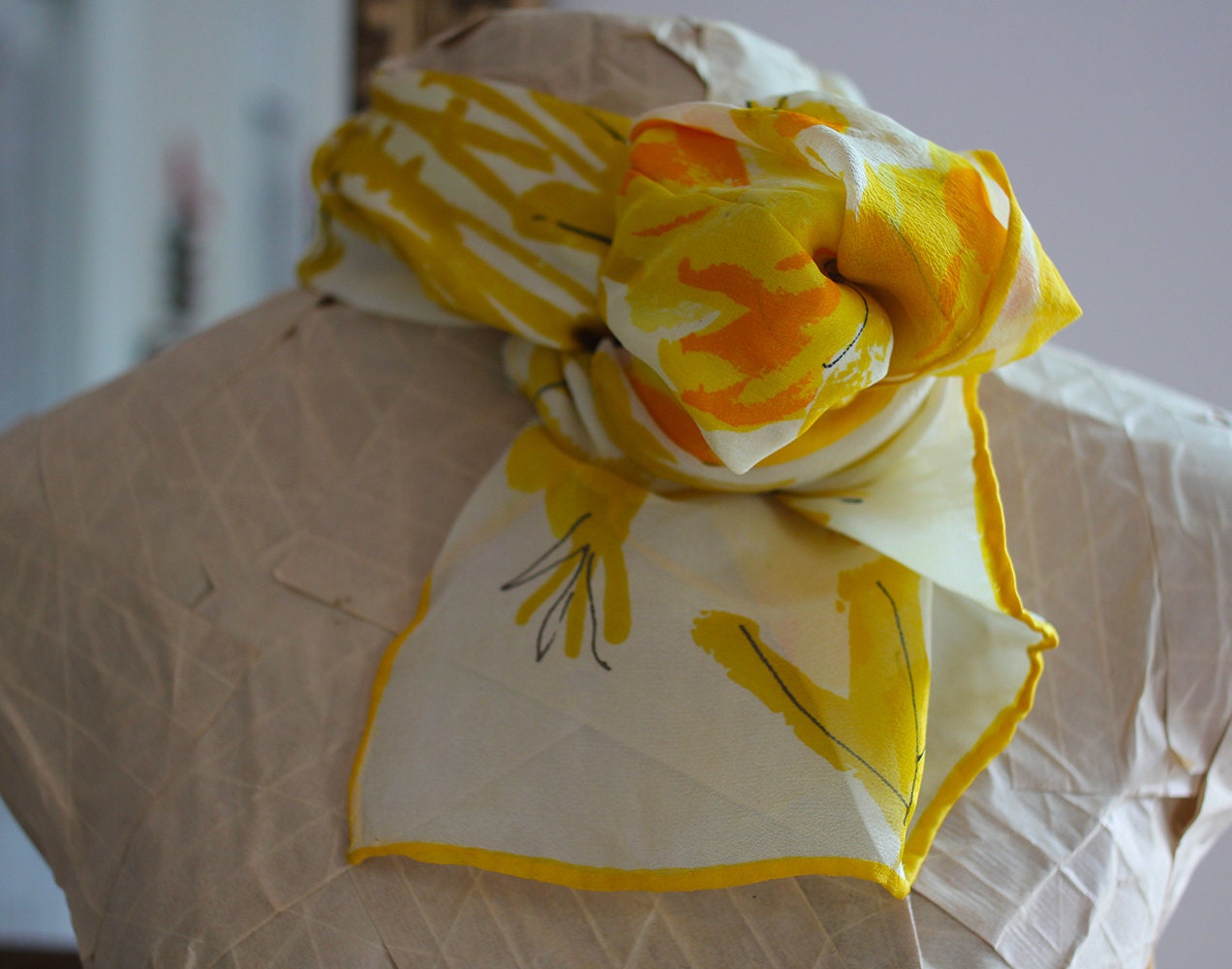 Vintage Vera Scarf Bold Abstract Floral Yellow Cream Mustard Black ...