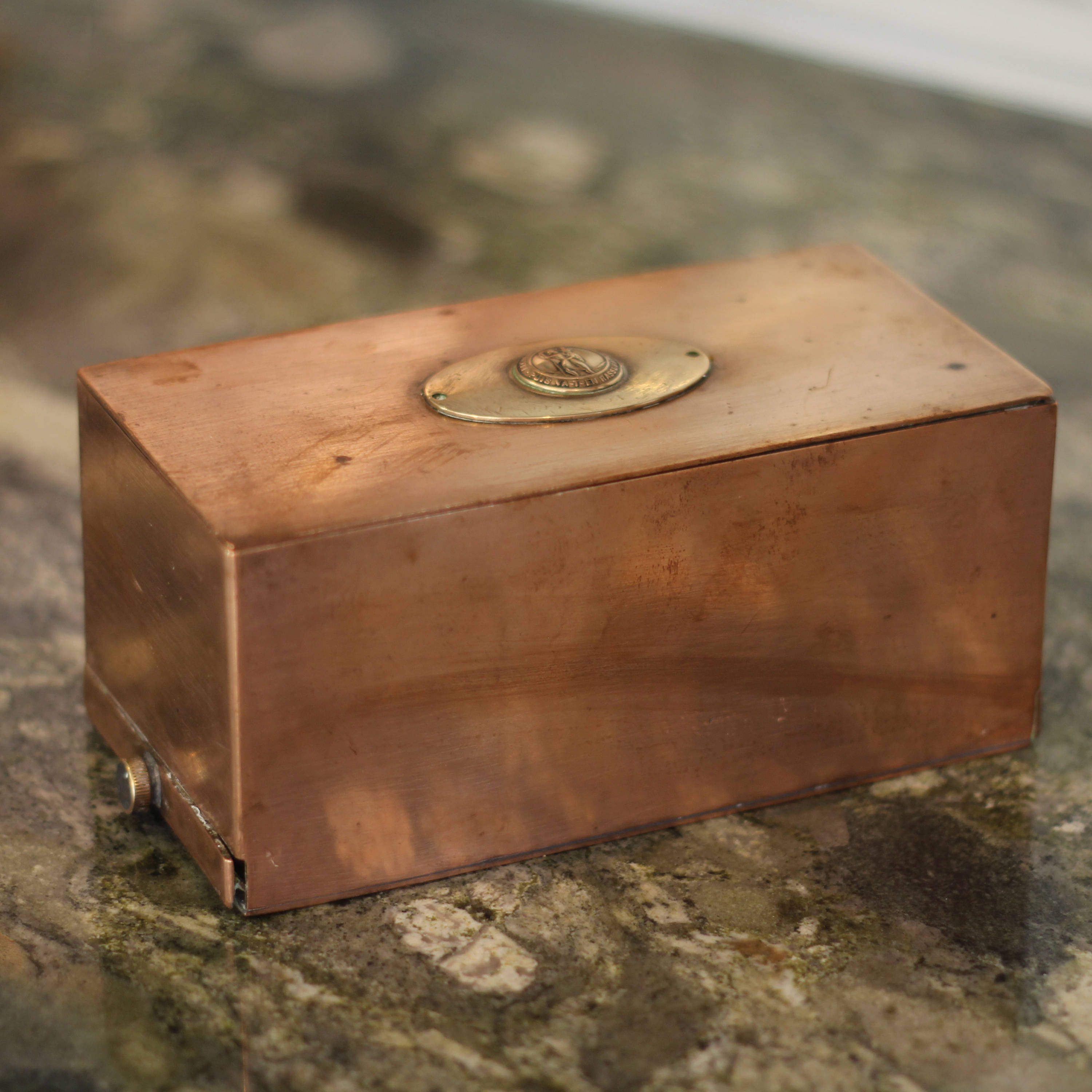 Copper Cigarette Dispenser Box with Saint Christopher Seal