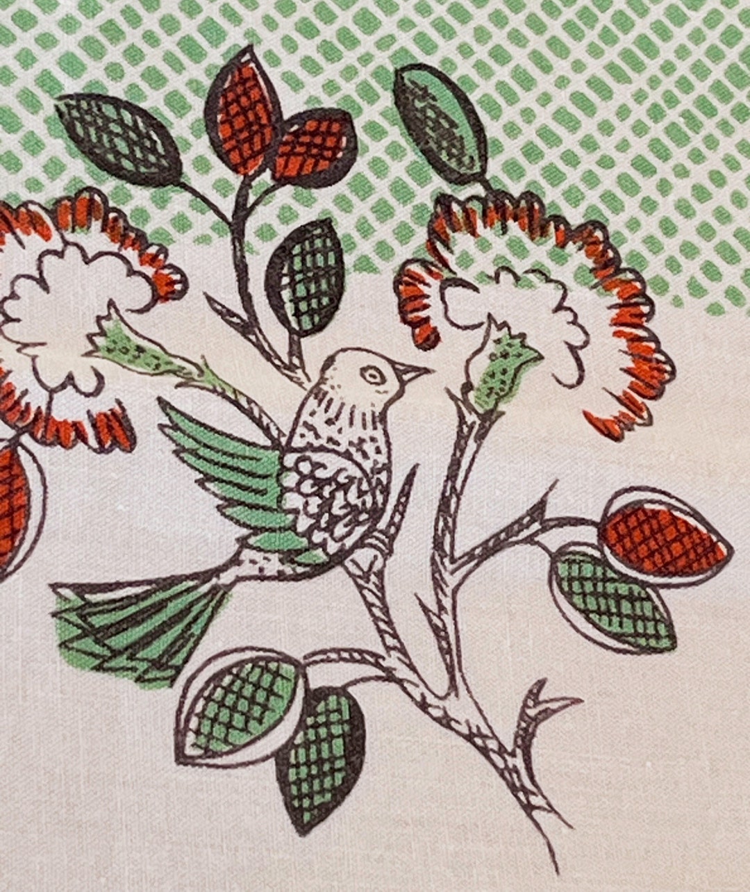 Vintage Block Print | Bird Flowering Branch | Tablecloth | Green Orange ...