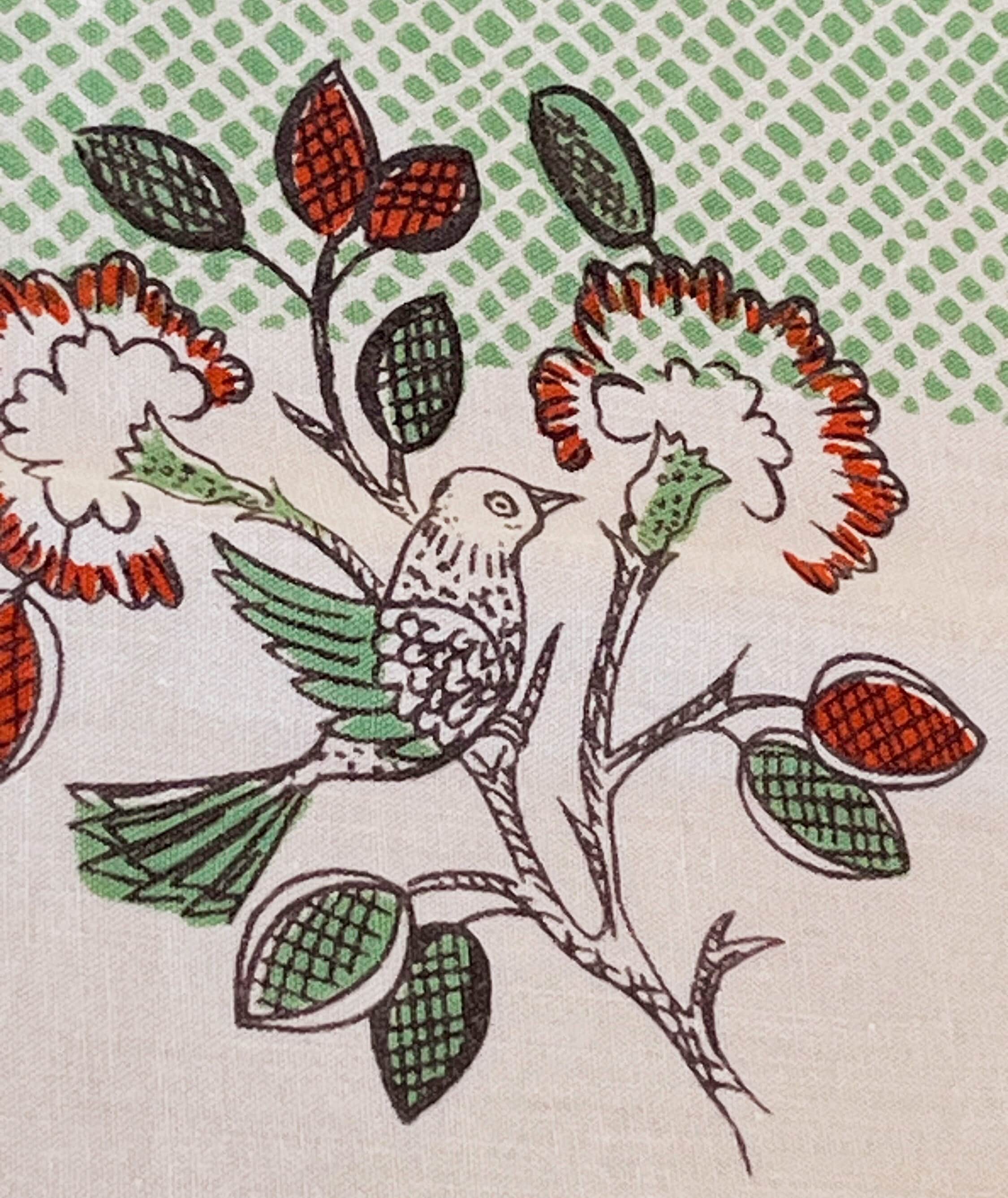 Vintage Block Print | Bird Flowering Branch | Tablecloth | Green Orange ...