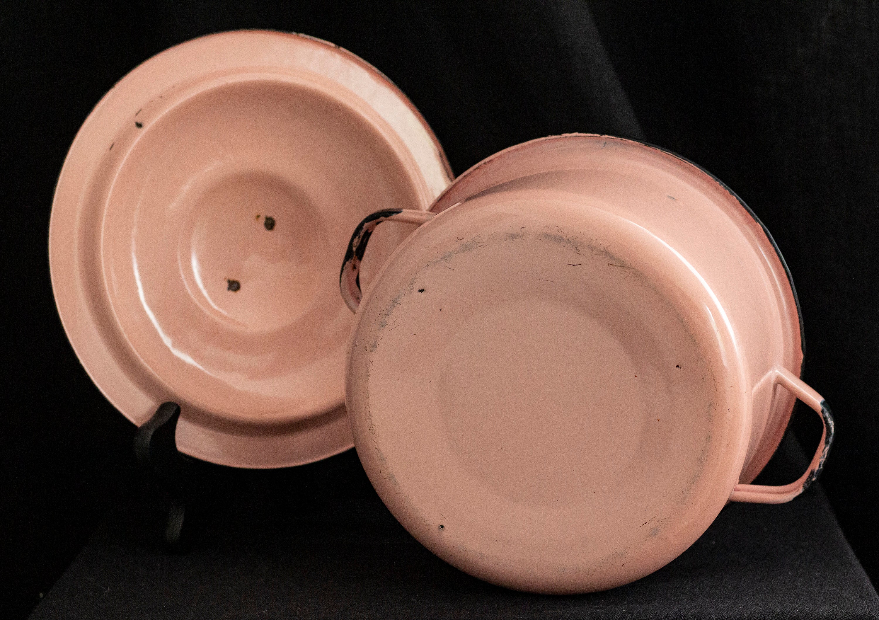Vintage 1950's Baby Pink Black Enamelware Cooking Pot and Lid Pan