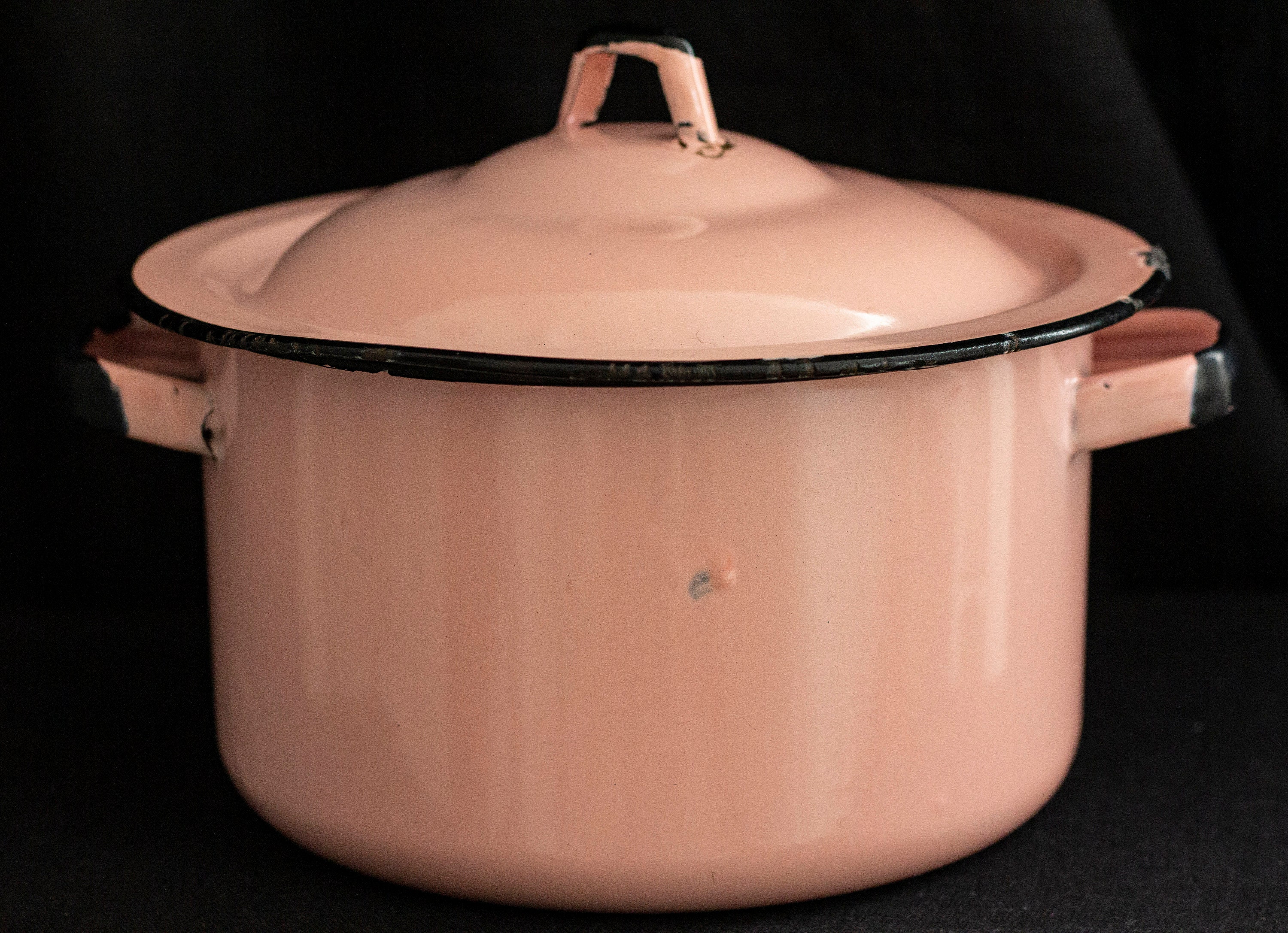 Vintage 1950's Baby Pink Black Enamelware Cooking Pot and Lid Pan