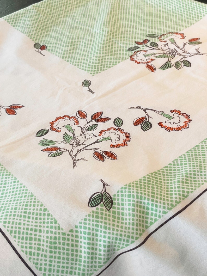 Vintage Block Print | Bird Flowering Branch | Tablecloth | Green Orange ...