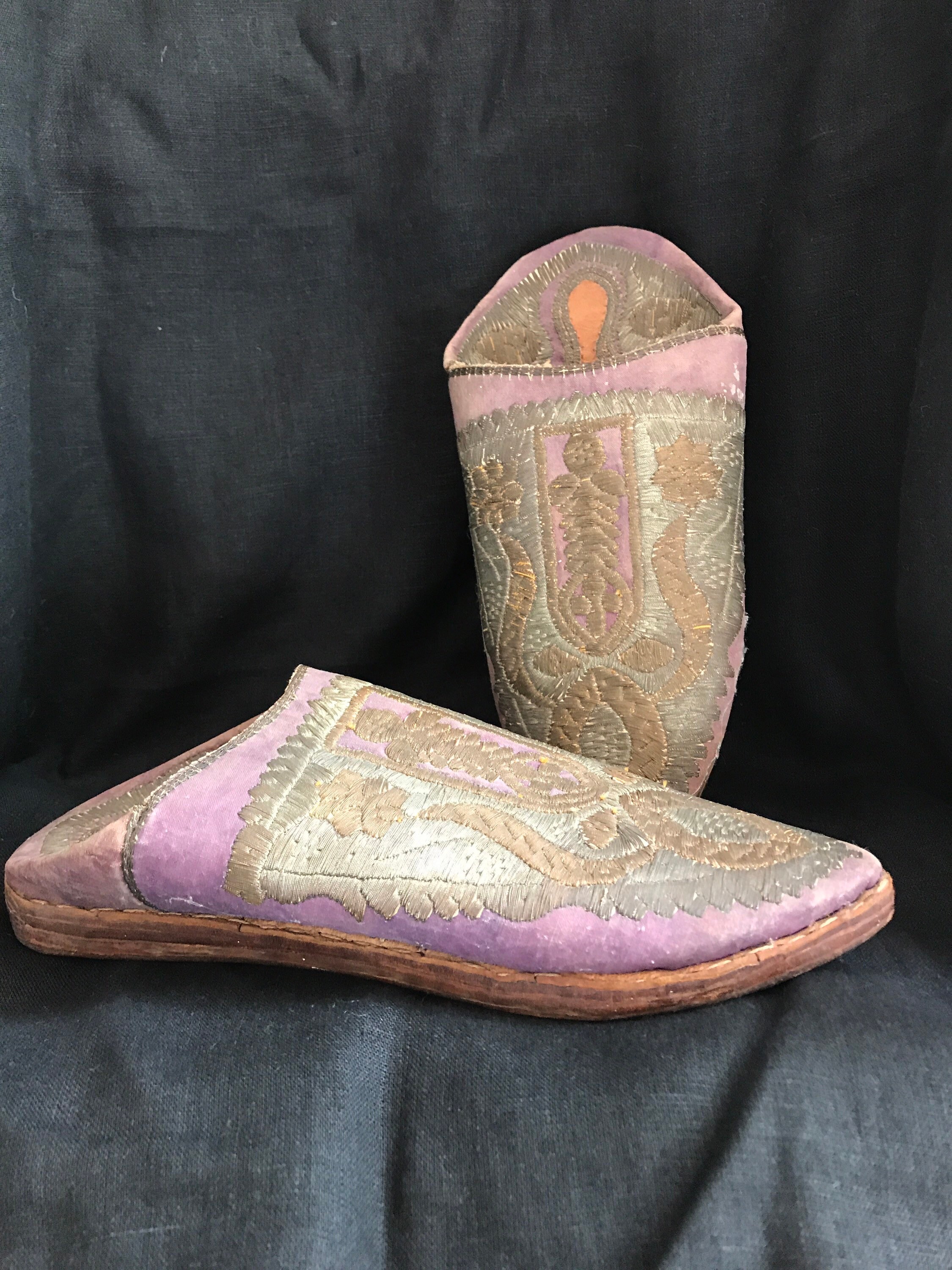 Antique 1900s Purple Silk Silver Gold Thread Embroidery Babouche Middle Eastern Women's Men's ...