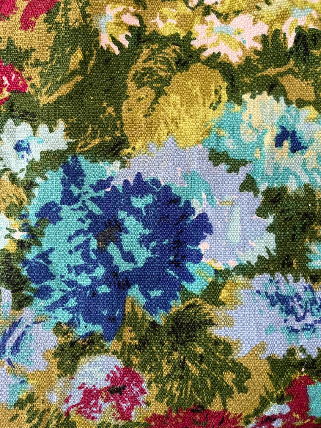1965 Floral Bark Cloth Fabric Yardage: Mid-century Modern Avocado Green ...