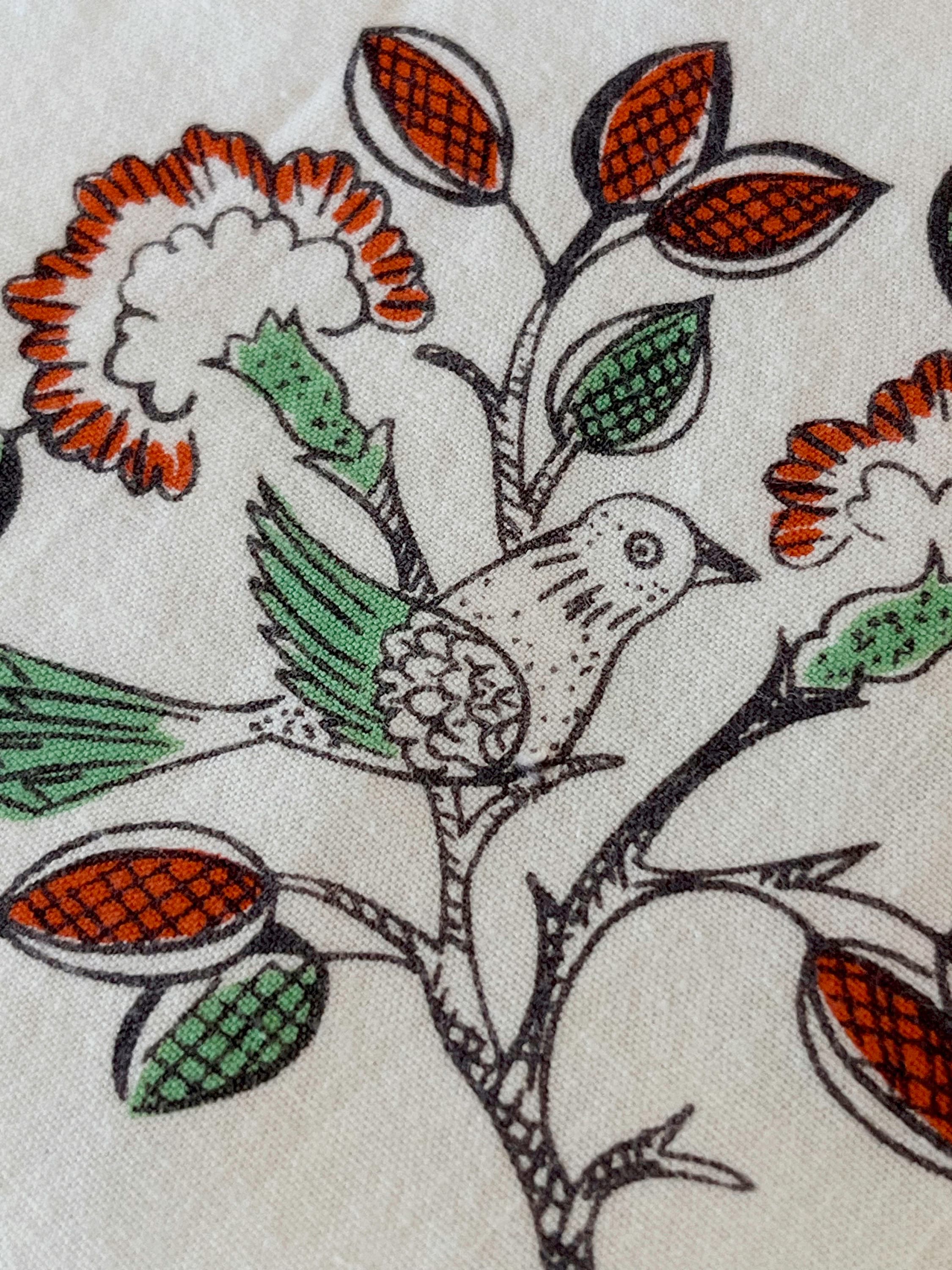 Vintage Block Print Bird Flowering Branch Tablecloth Green Orange Gray ...