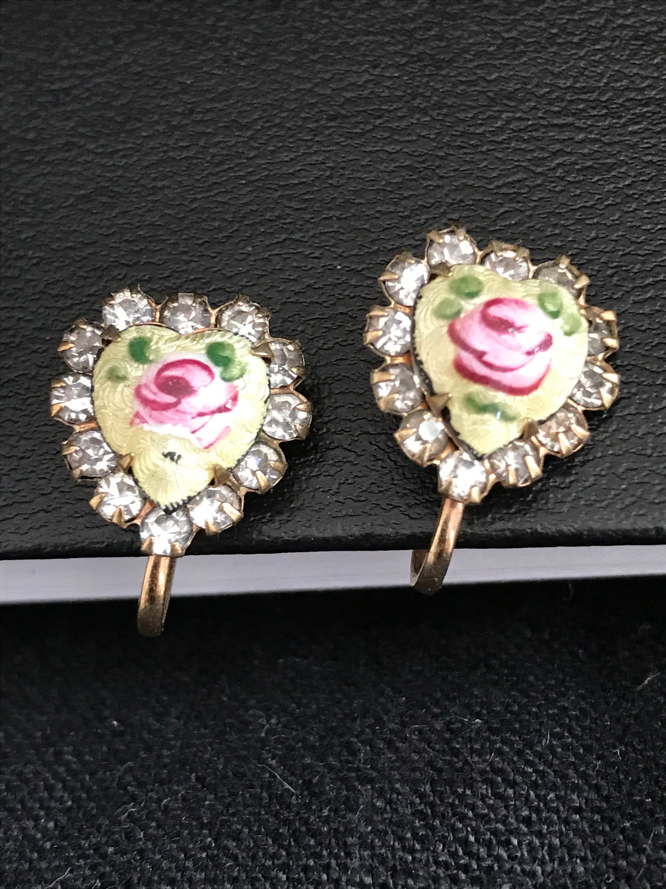 Vintage Rose Enamel Guilloche Heart Shaped Earrings
