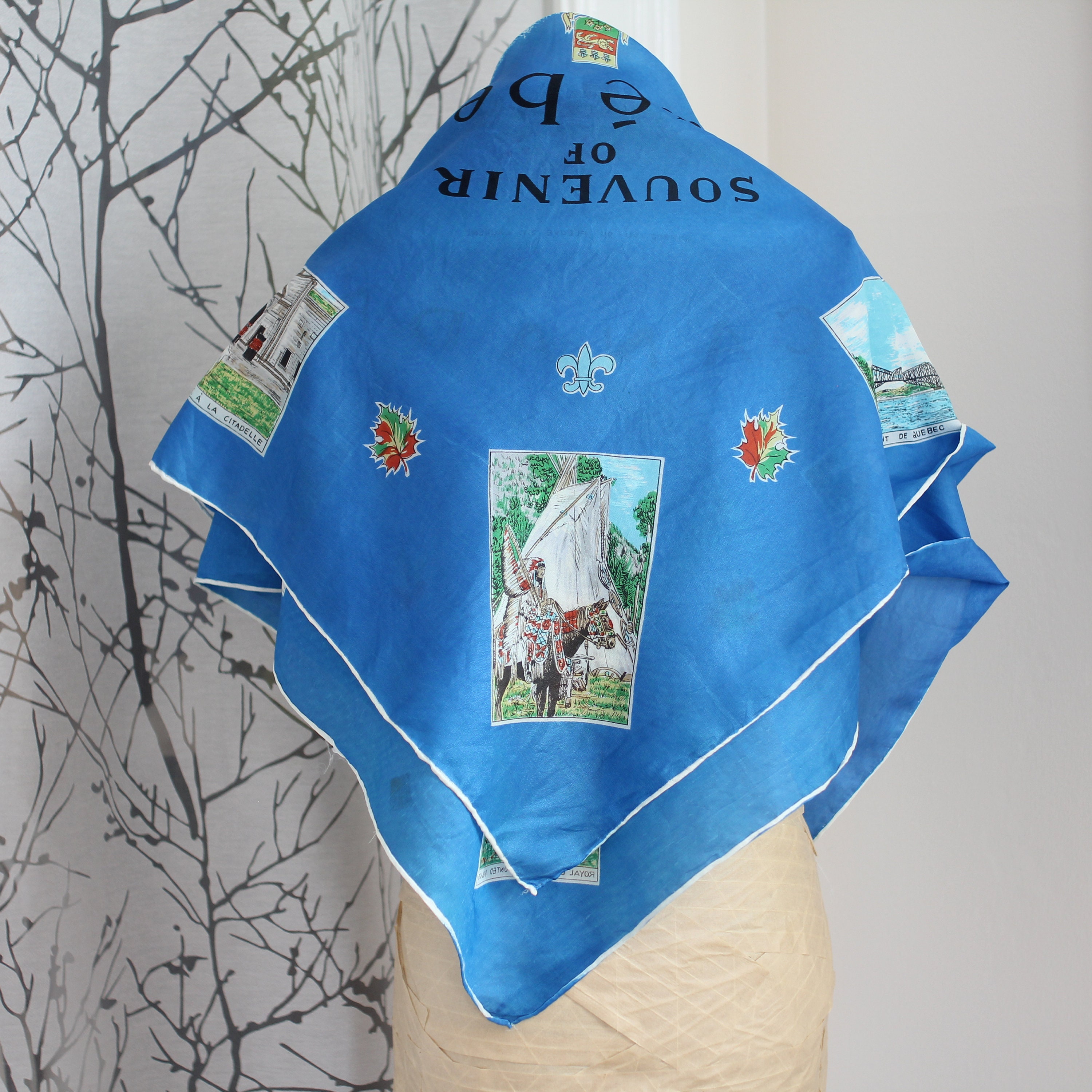 Hand printed Sapphire Blue Silk Quebec Souvenir Scarf