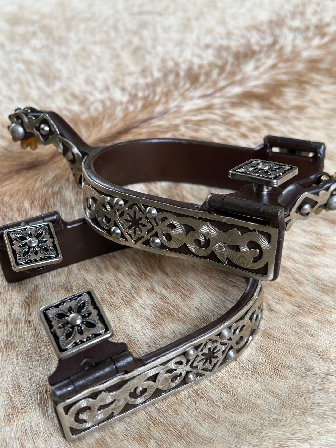 Pair Adult Size Brown Steel Western Spurs Engraved Silver Scrollwork ...