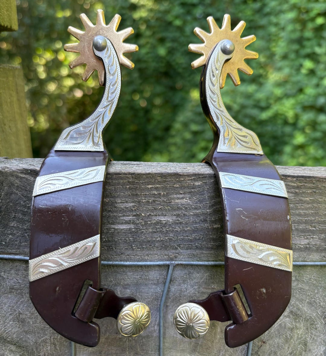 Pair Men’s Brown Steel Western Spurs Engraved Silver Accents FREE ...