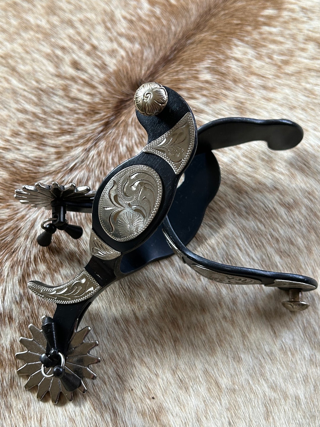 Pair Adult Size Black Steel Western Jingle Bob Spurs Engraved Silver ...