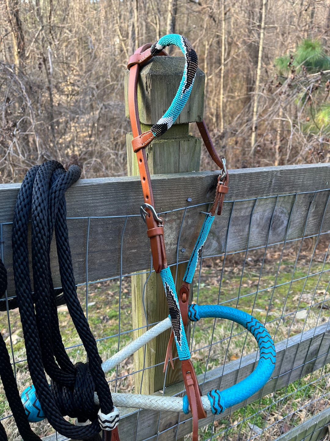 Complete Teal Beaded Horse Size Bitless Rawhide Bosal and Nylon Mecate ...