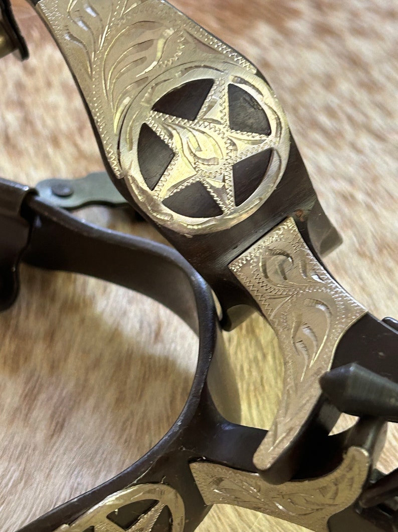 Pair Adult Size Brown Steel Western Jingle Bob Spurs Engraved Silver ...