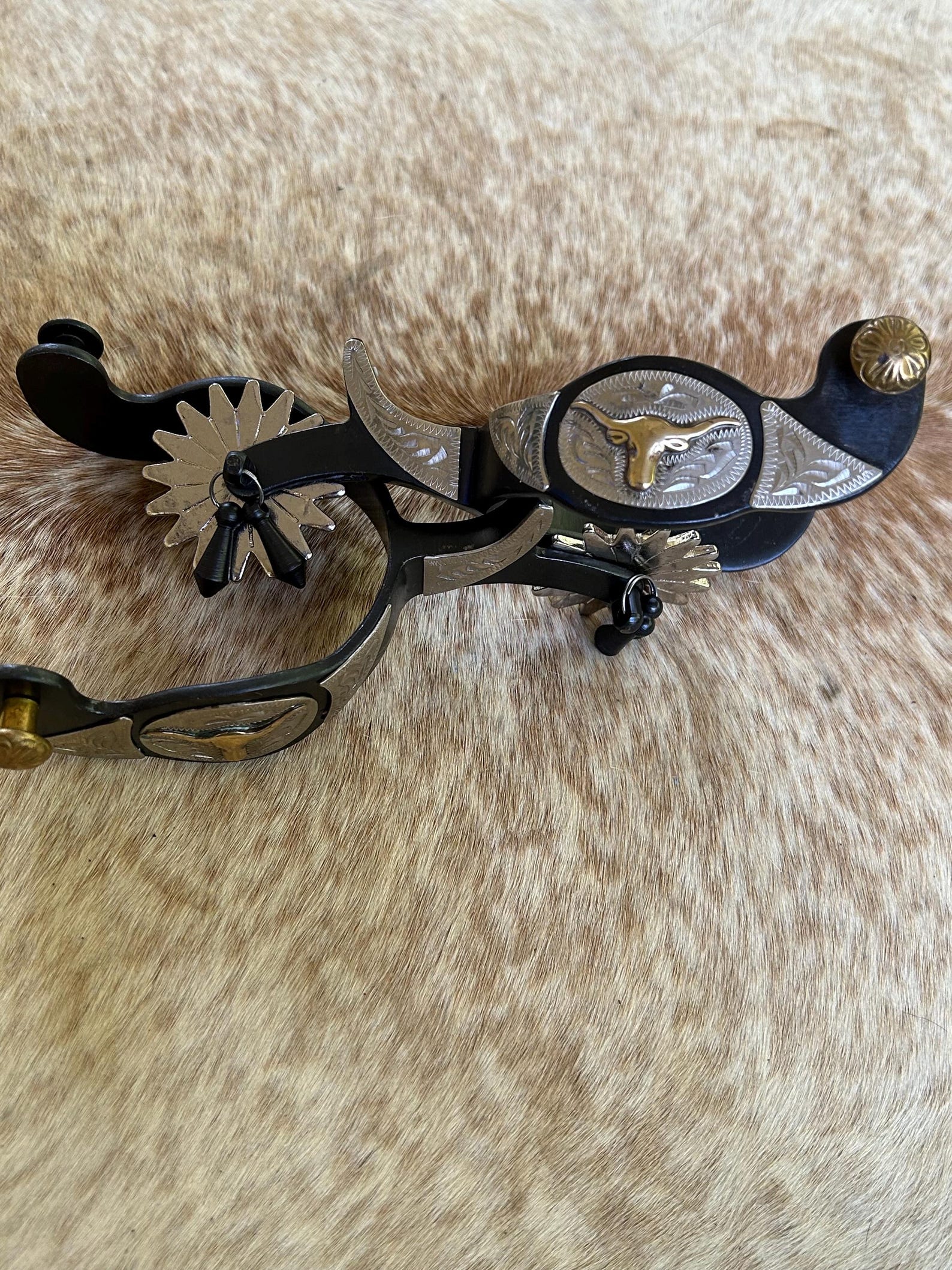 Pair Adult Size Black Steel Western Jingle Bob Spurs Engraved Silver ...