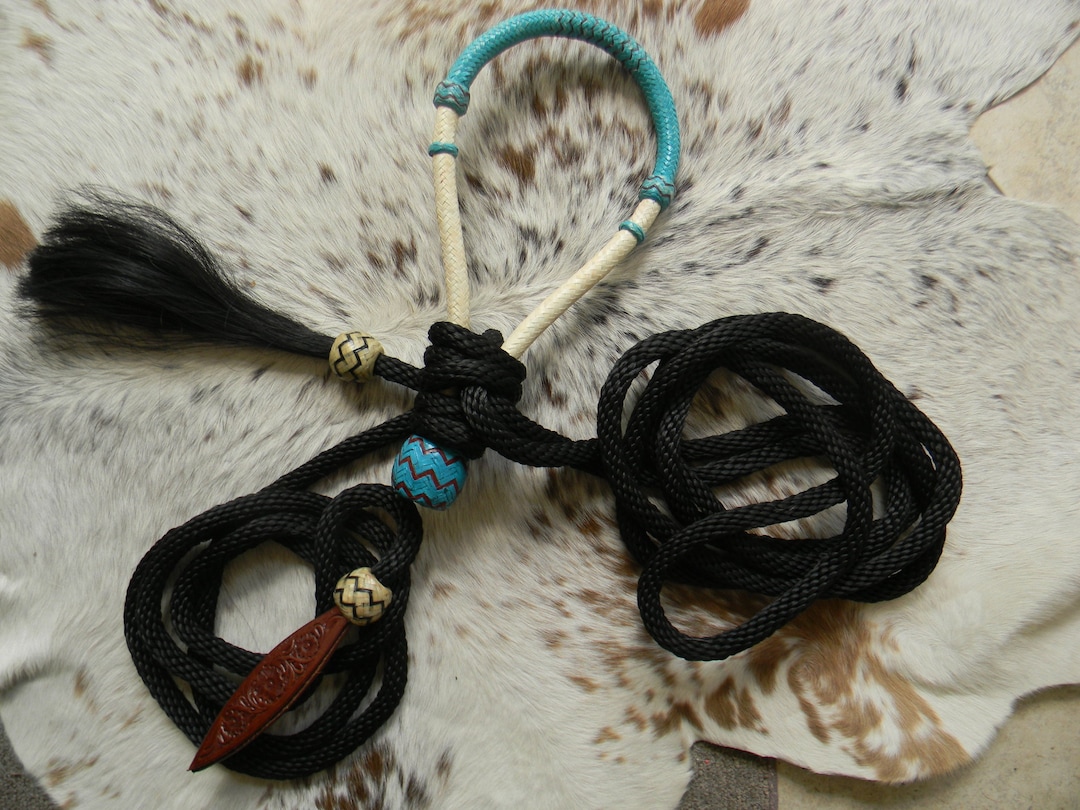 Teal Genuine Rawhide Bosal & Black Nylon Mecate Rein Set Horse Size ...