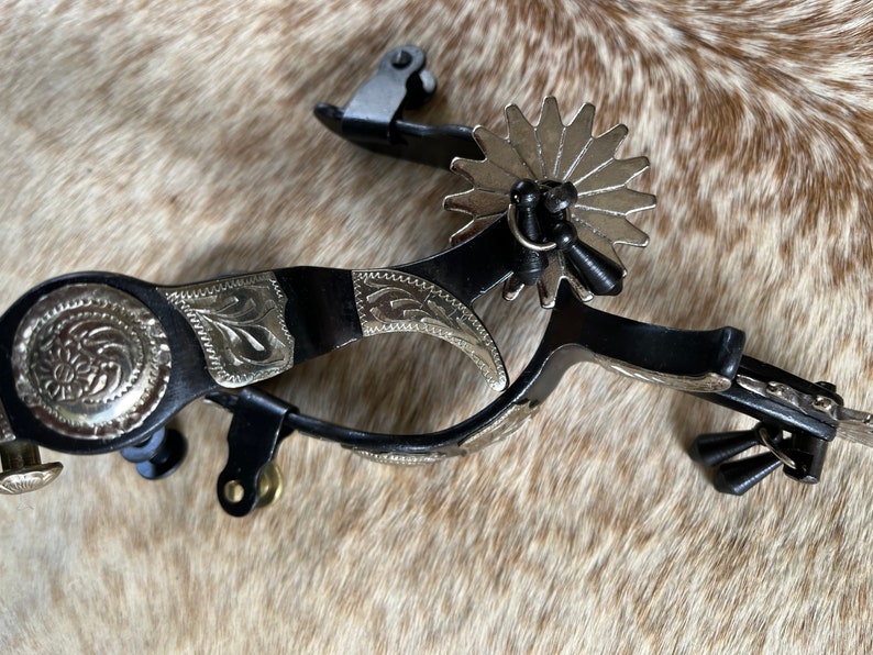 Pair Adult Size Black Steel Western Jingle Bob Spurs Engraved Silver ...