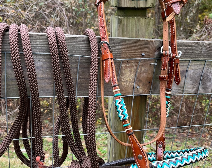 Complete Horse Size Western Rawhide Bosal Bridle and Nylon Mecate Set ...