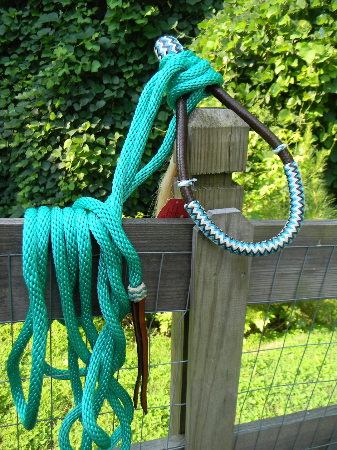 Rawhide Bosal and Teal Nylon Mecate Rein Horse Size Bitless Hackamore ...